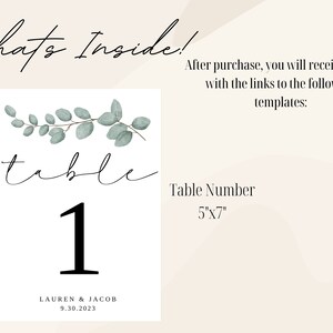 Simple Eucalyptus Table Number Template, Wedding Table Number Card ...