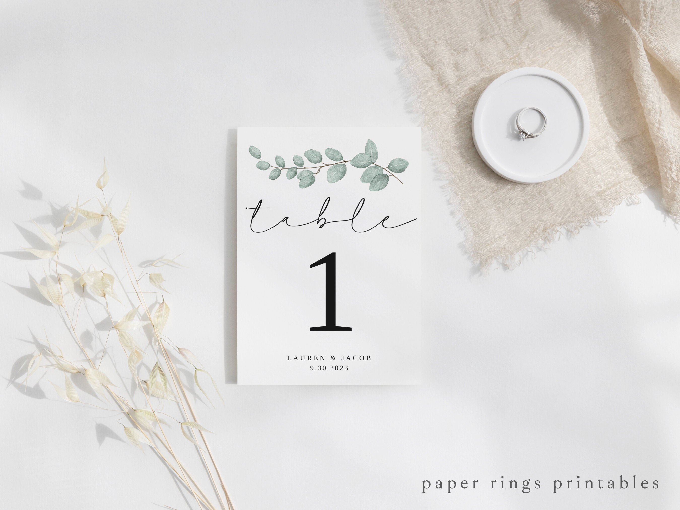 Simple Eucalyptus Table Number Template, Wedding Table Number Card ...