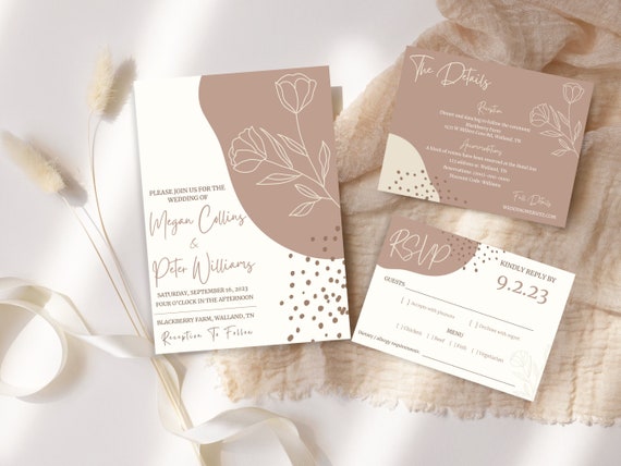 Neutral Boho Wedding Invitation Template Set RSVP Details - Etsy