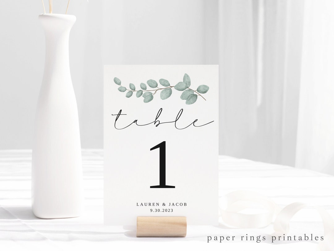 Simple Eucalyptus Table Number Template, Wedding Table Number Card ...