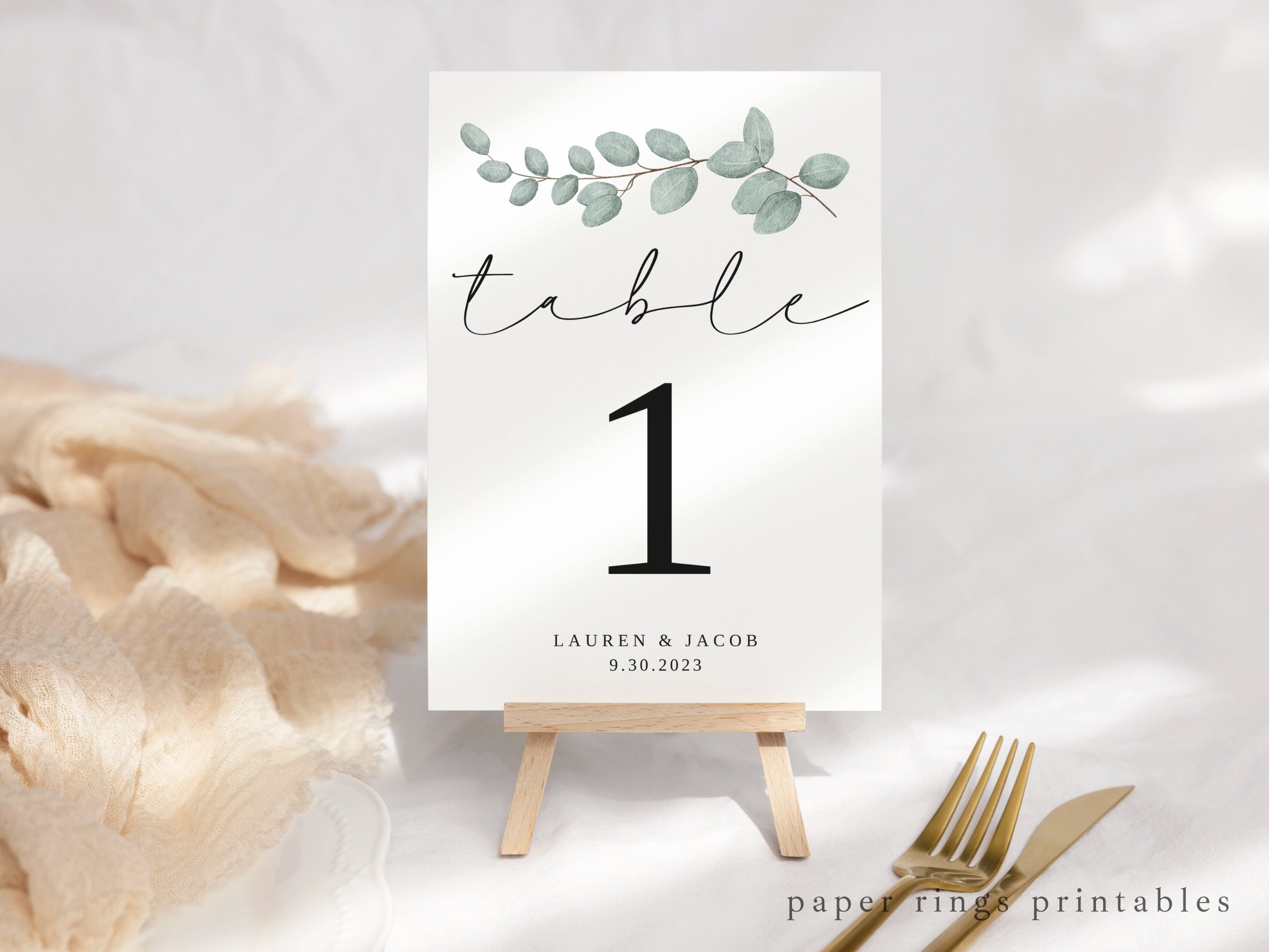 Simple Eucalyptus Table Number Template, Wedding Table Number Card ...