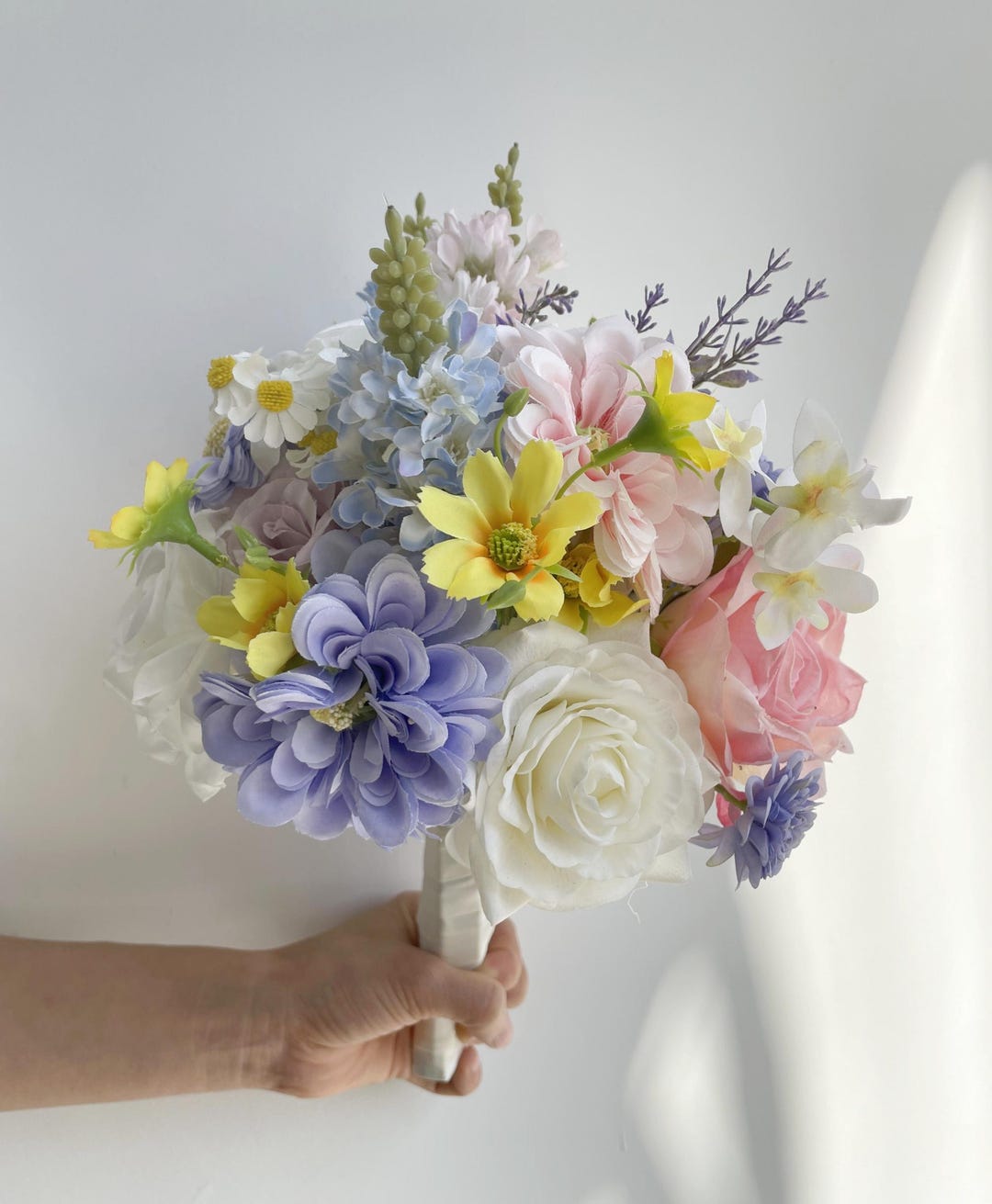 Pastel Wedding Bouquet / Soft Yellow, Pink, Purple, and Blue Bridal ...