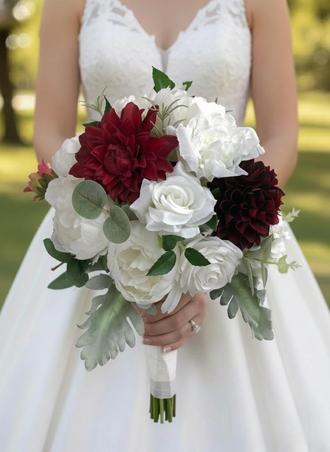 White Peony Wedding Flowers With Burgundy Dahlia & Rose Bridal Bouquet ...