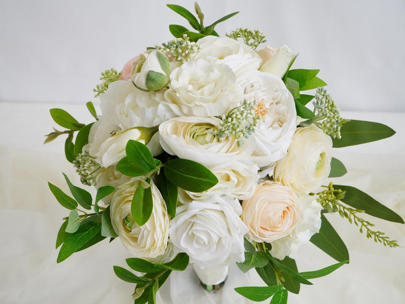 Elegant White & Ivory Rose Wedding Flowers With Blush Pink Accents ...