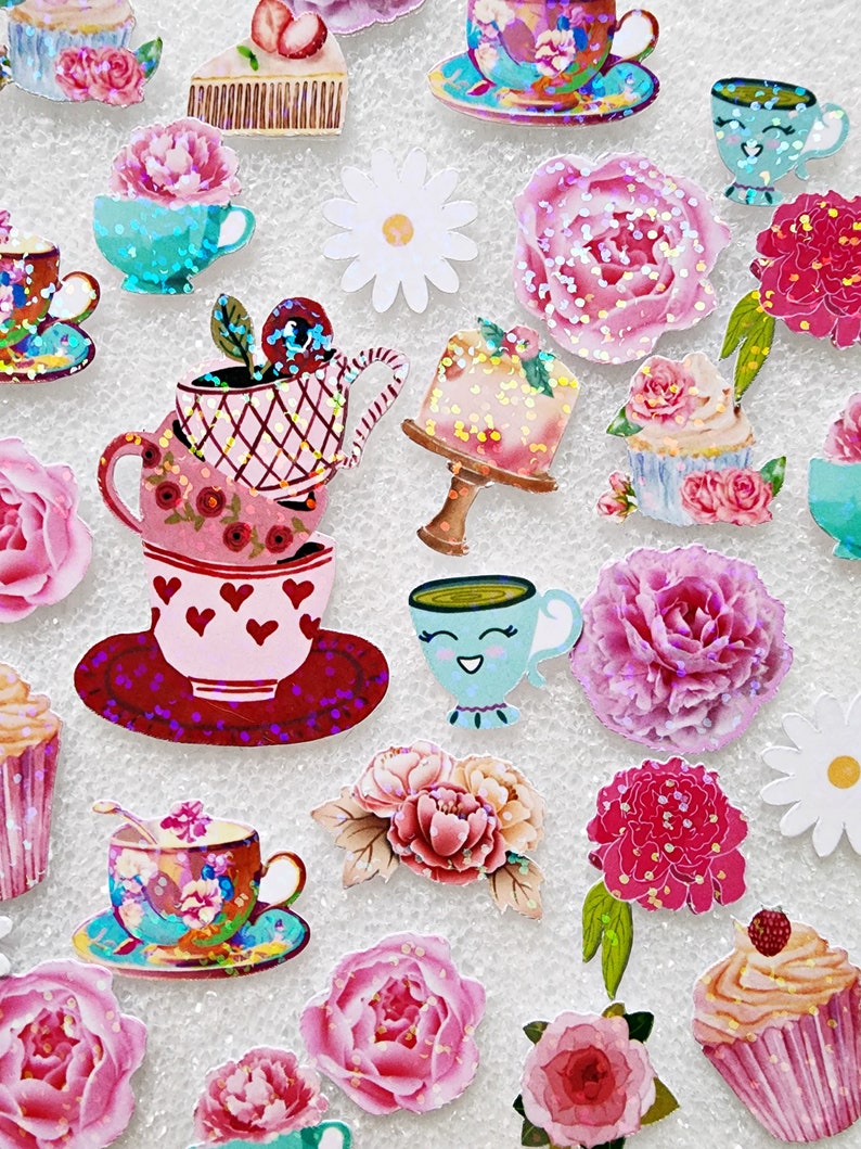 Sparkly Peonies and Teacup Stickers: Tea Party Scrapbook Sticker Set ...
