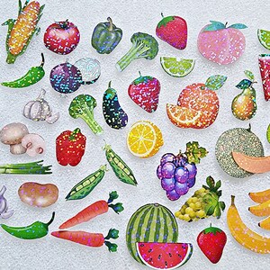 Fruit and Vegetable Stickers, Sparkly Food Sticker Set for Recipe Books ...