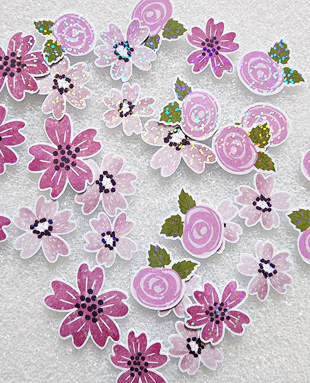 Sparkly Pink Floral Stickers: Rose & Flower Decals, 30 Pieces - Etsy