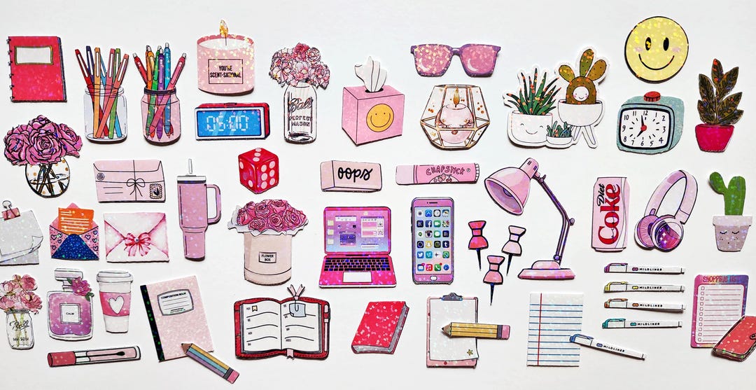 Cute Office Supplies and Stationary Stickers, Glittery Aesthetic ...