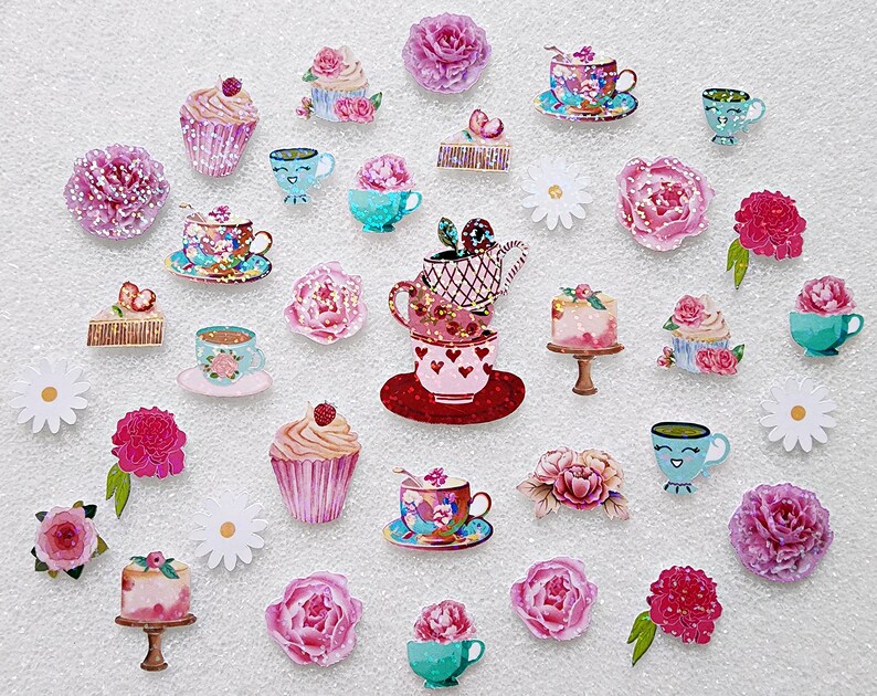 Peonies and Teacup Stickers Sparkly Tea Party Sticker Set for - Etsy