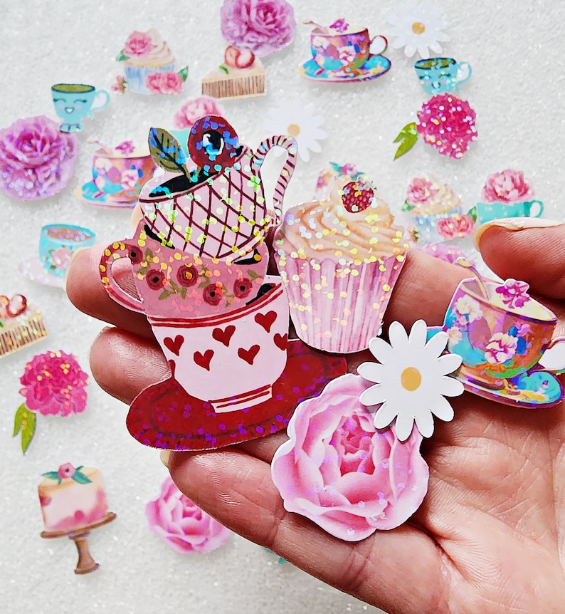 Peonies and Teacup Stickers Sparkly Tea Party Sticker Set for - Etsy