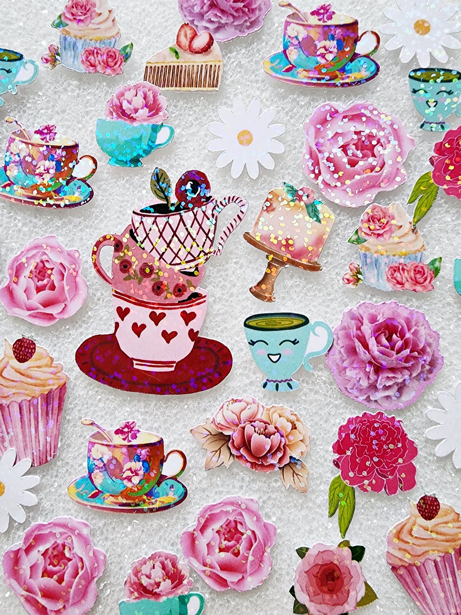 Peonies and Teacup Stickers Sparkly Tea Party Sticker Set for - Etsy