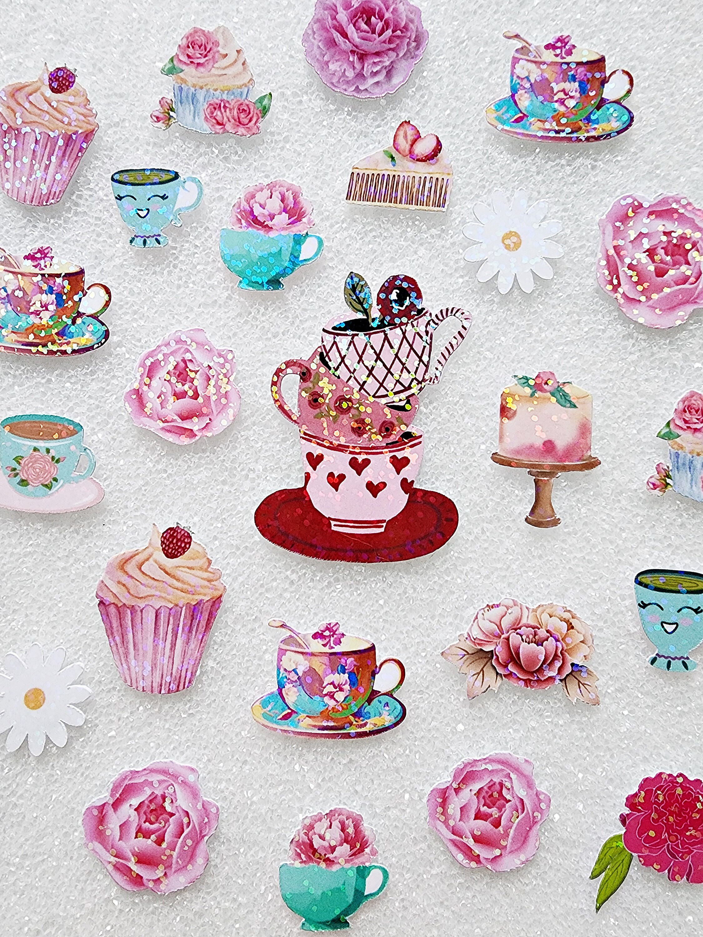Peonies and Teacup Stickers Sparkly Tea Party Sticker Set for - Etsy