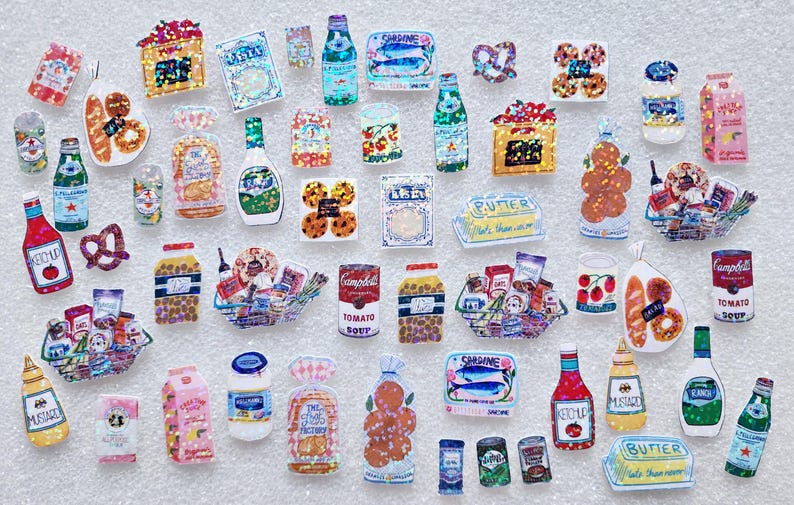 Grocery Store Stickers, Sparkly Food Sticker Set for Recipe Books and ...