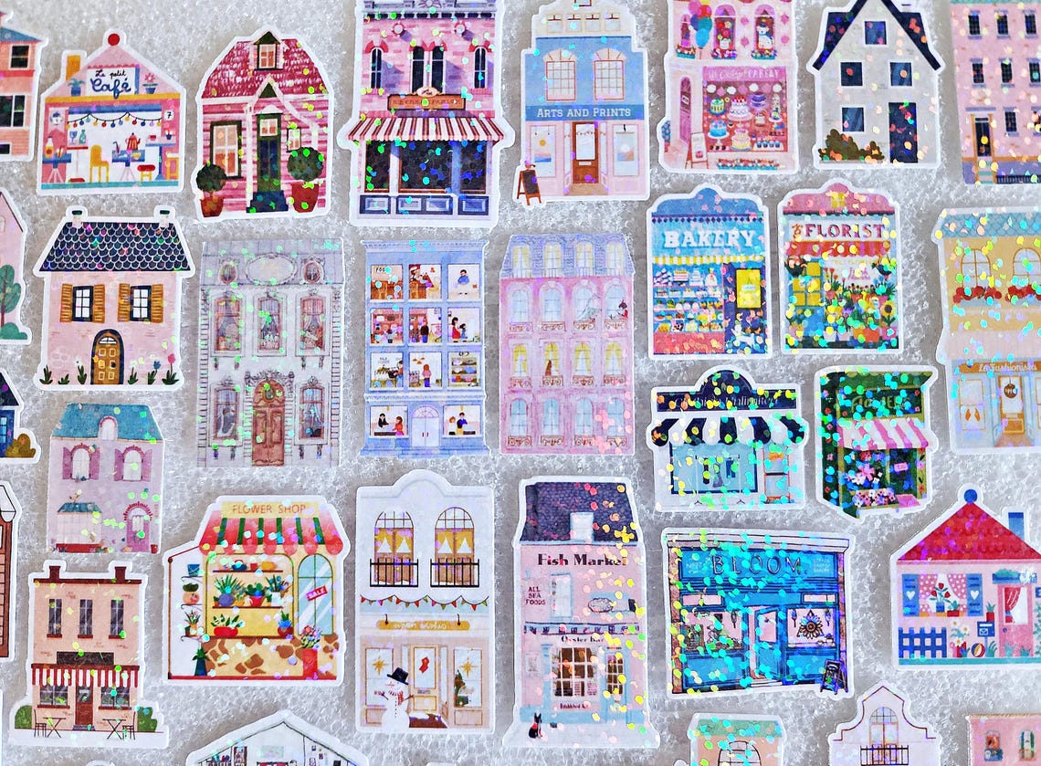 Mini Stores and House Stickers, Sparkly Town Sticker Pack for Planners ...