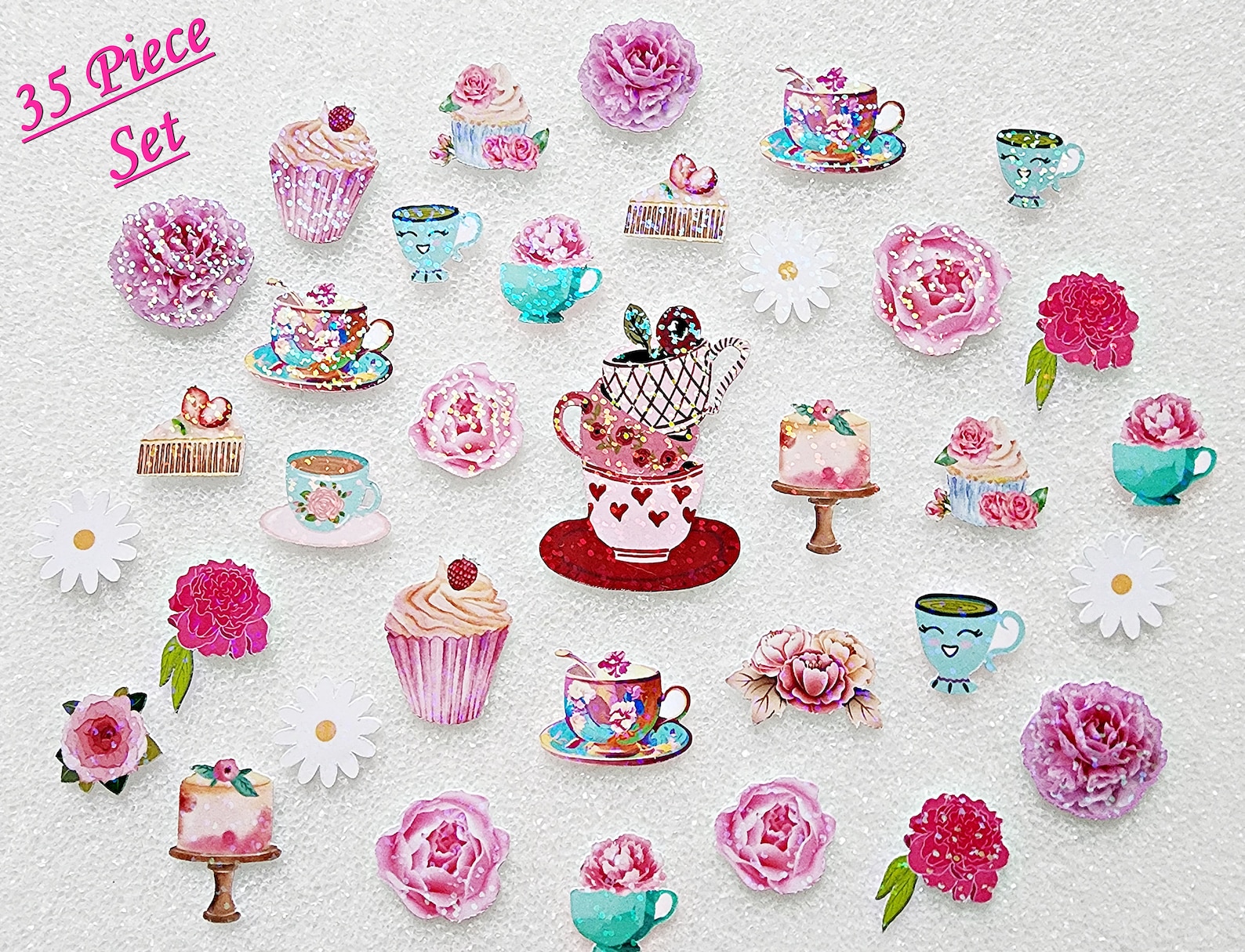 Peonies and Teacup Stickers Sparkly Tea Party Sticker Set for - Etsy