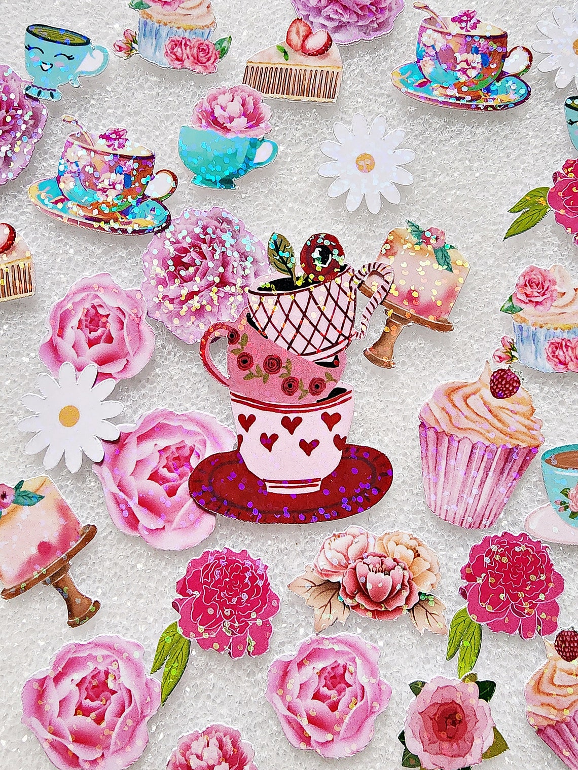 Peonies and Teacup Stickers Sparkly Tea Party Sticker Set for - Etsy