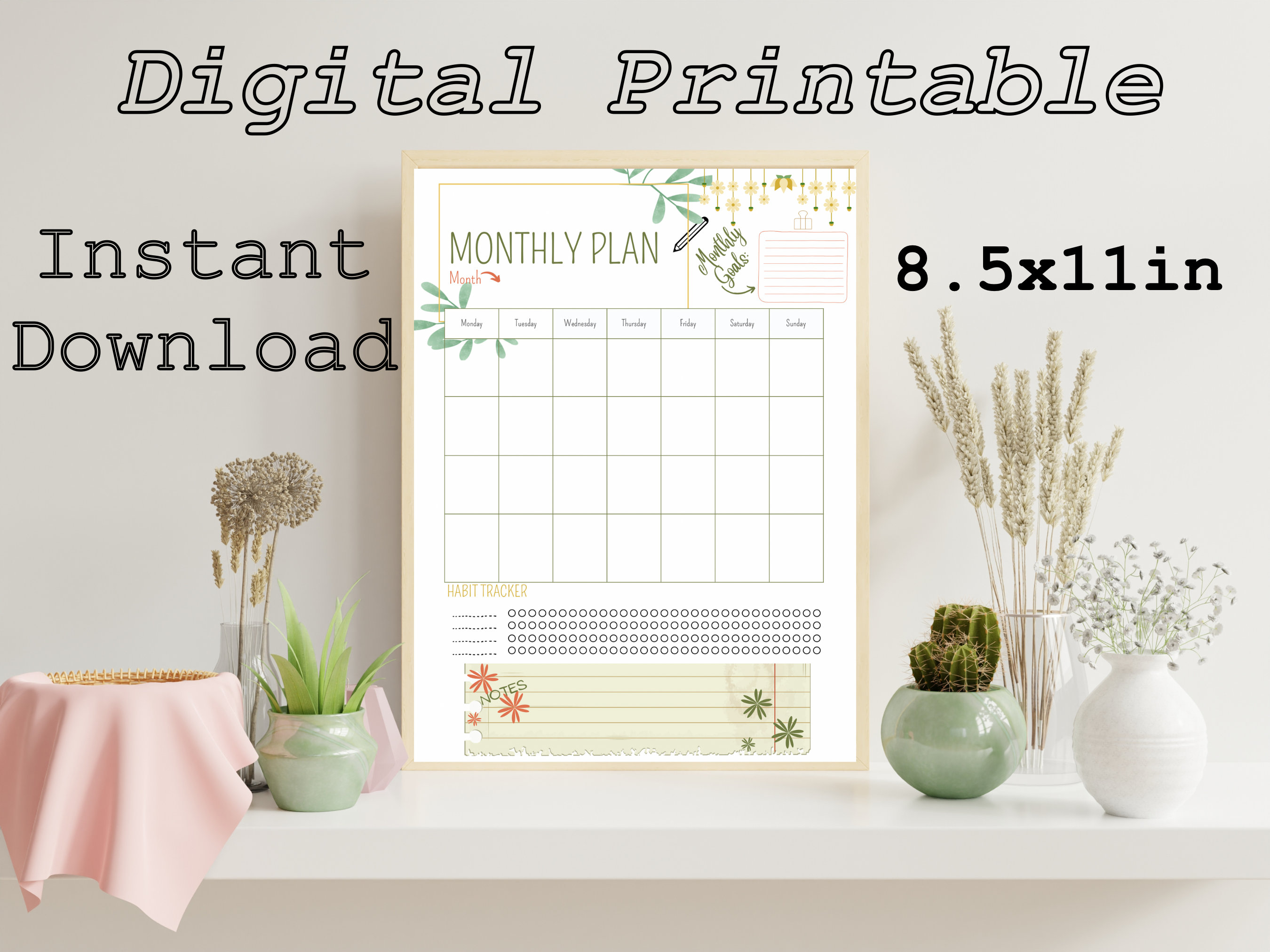 Floral Monthly Planner Printable Download 8.5x11 - Etsy