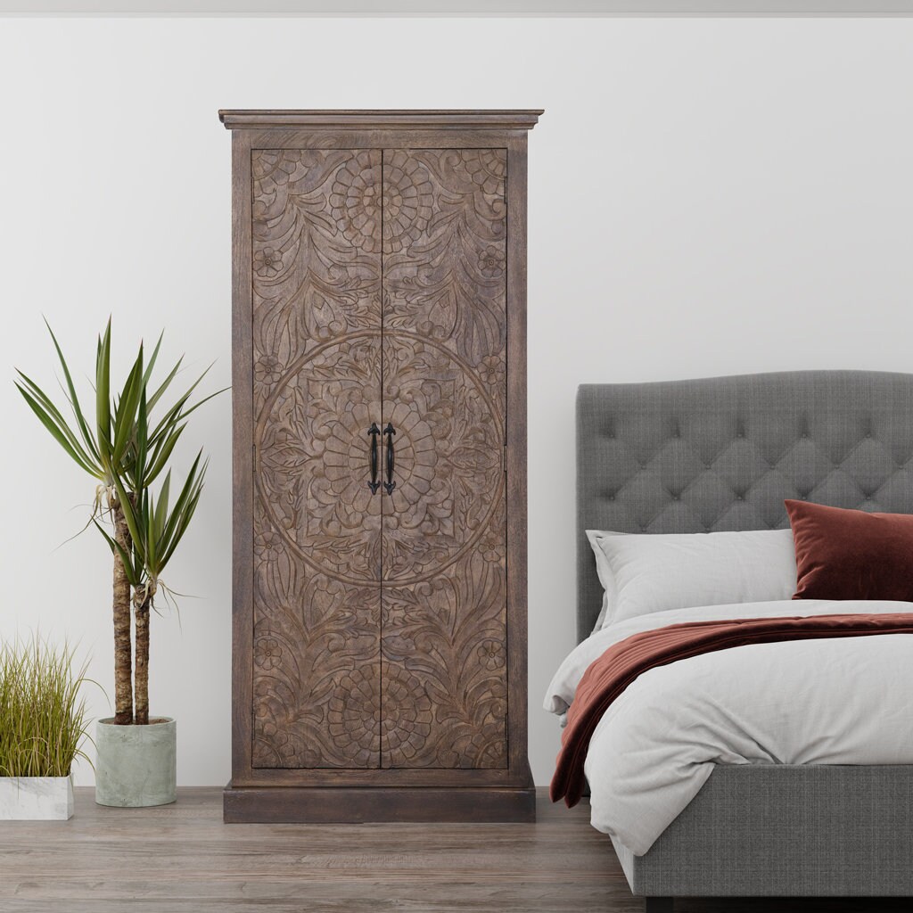 Solid Wood Rustic Armoire Hand Carved, Smoke Gray Finish - Etsy