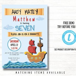 Nautical Birthday Theme Invite, Editable Pirate Birthday Invitation ...