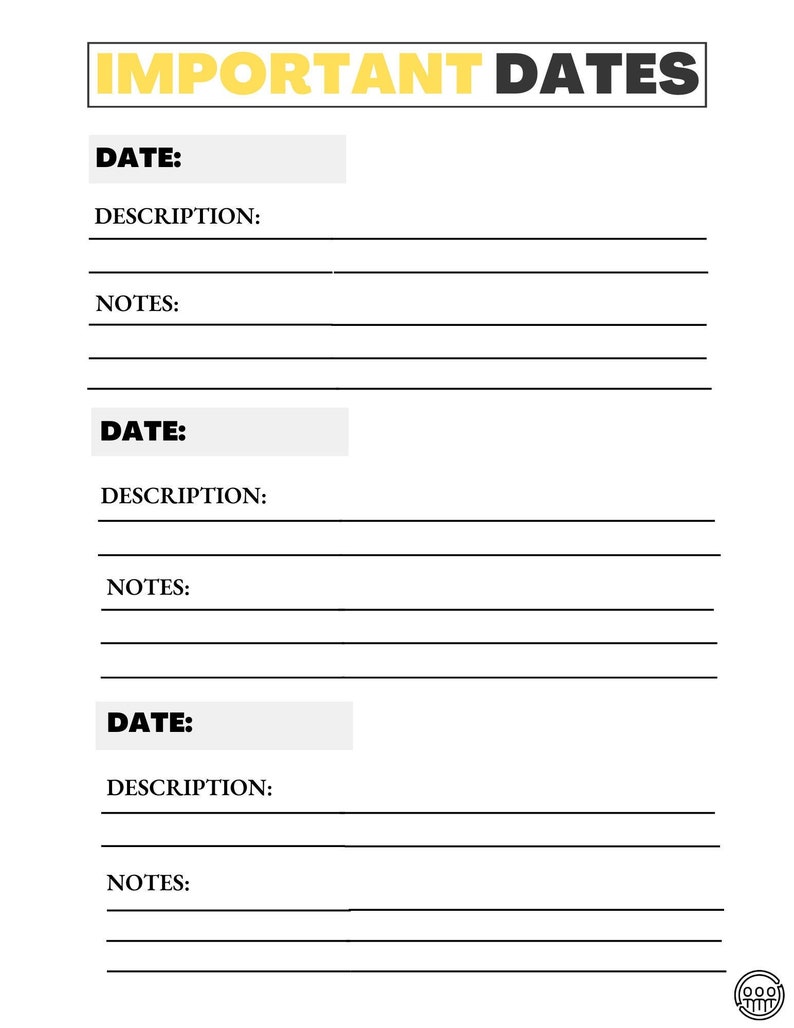Important Dates Planner, Printable Important Dates Page, Birthday ...