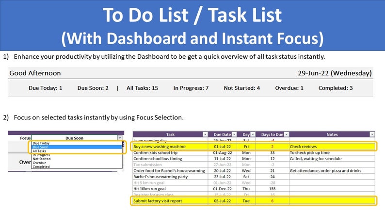 To Do List / Task List | Dashboard, Instant Focus, Highlighting ...