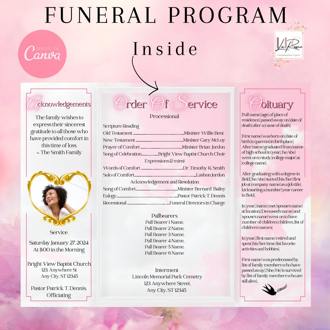 Pink Gatefold Funeral Program Template - Etsy