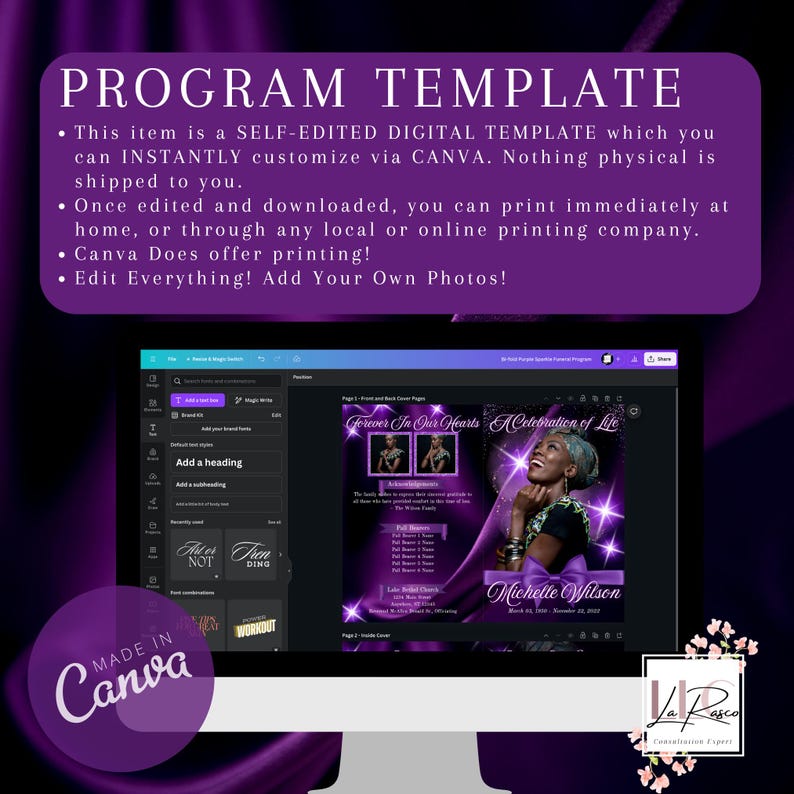 Bi-fold Purple Sparkle Funeral Program Template - Etsy