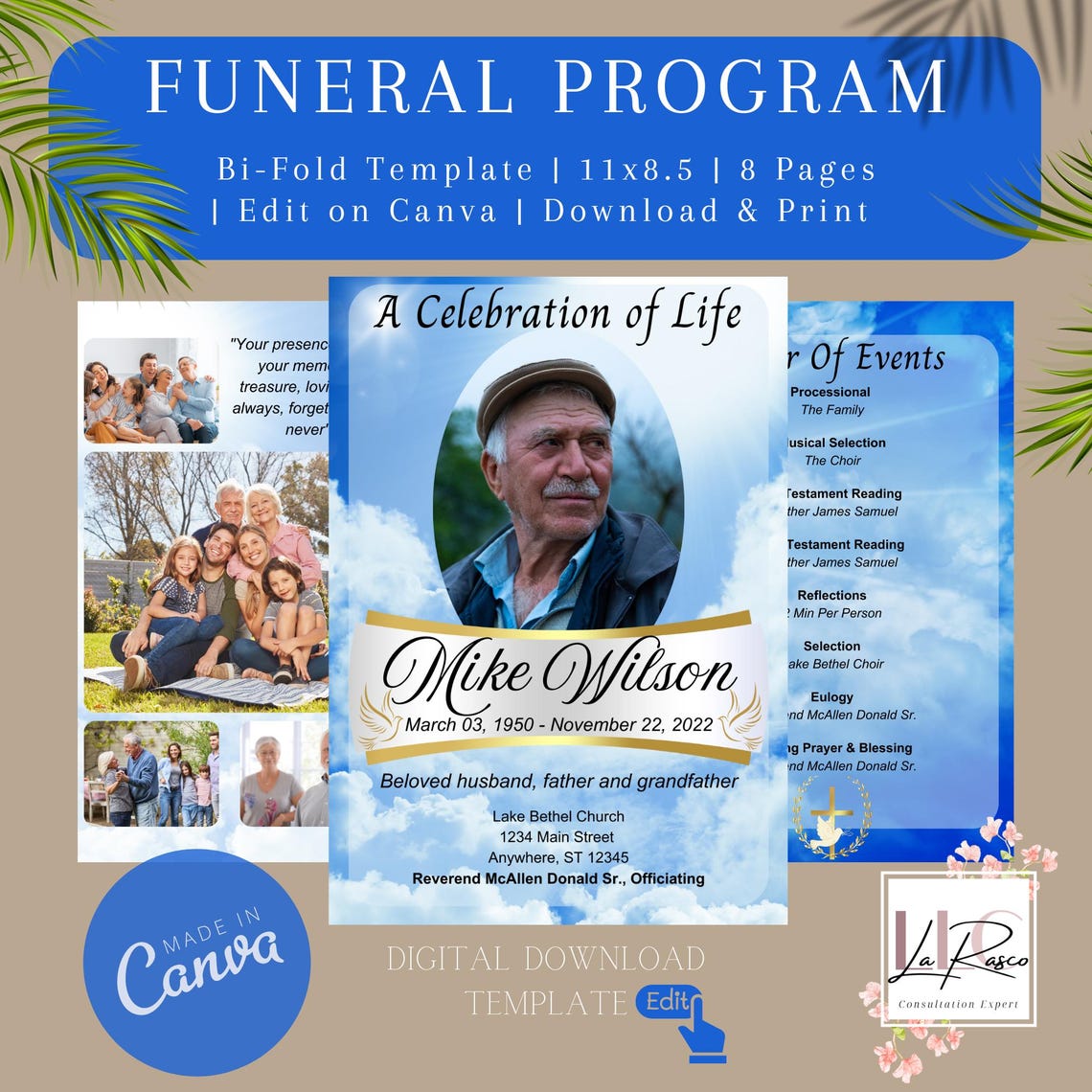 Bi-fold 8pg Heavenly Funeral Program Template - Etsy