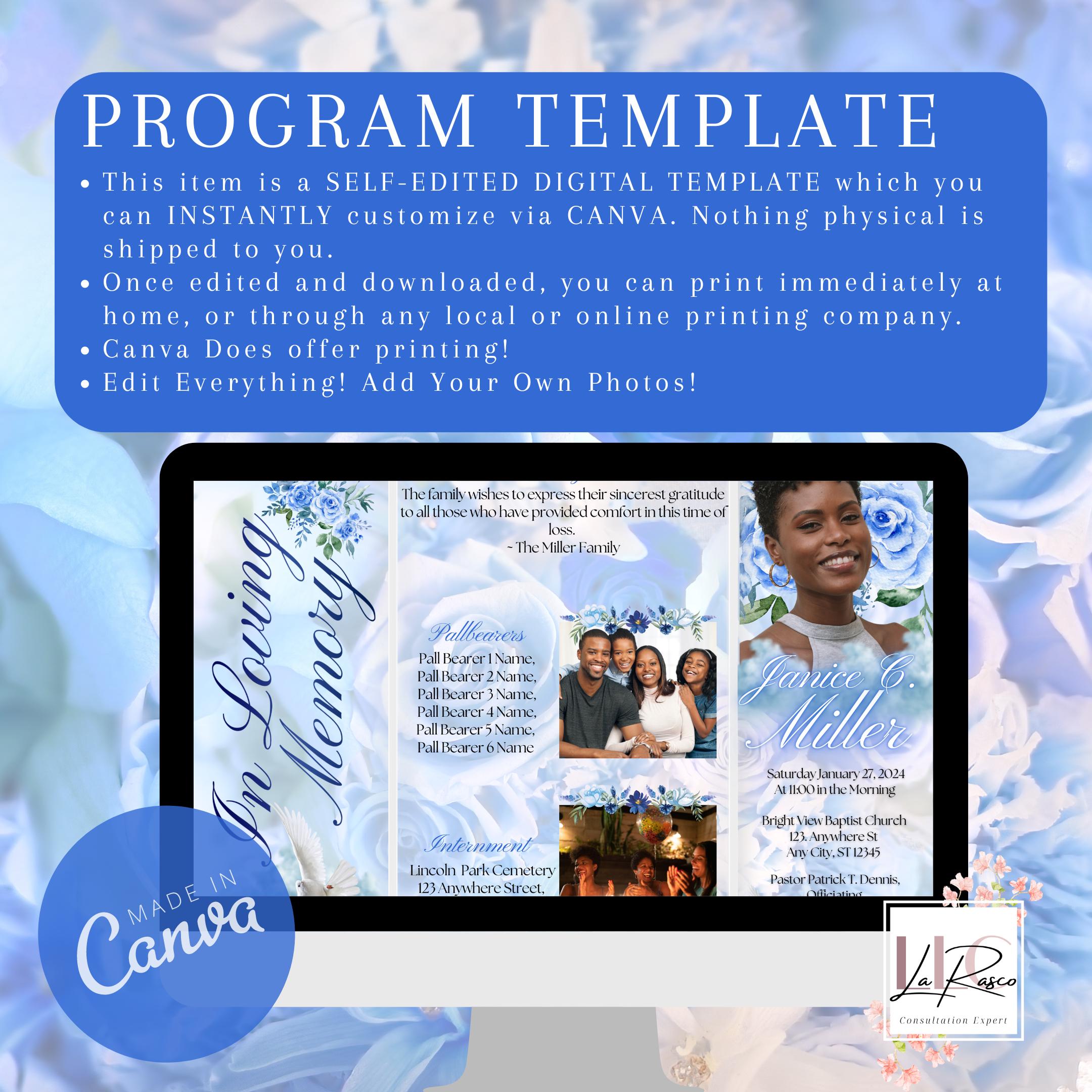 Blue Rose Gatefold Funeral Program Template - Etsy