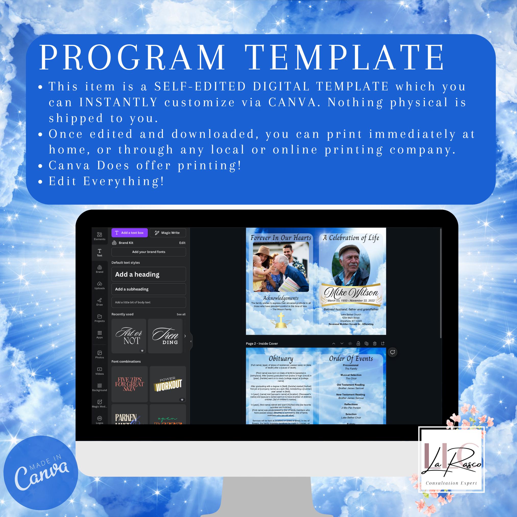 Bi-fold 8pg Heavenly Funeral Program Template - Etsy