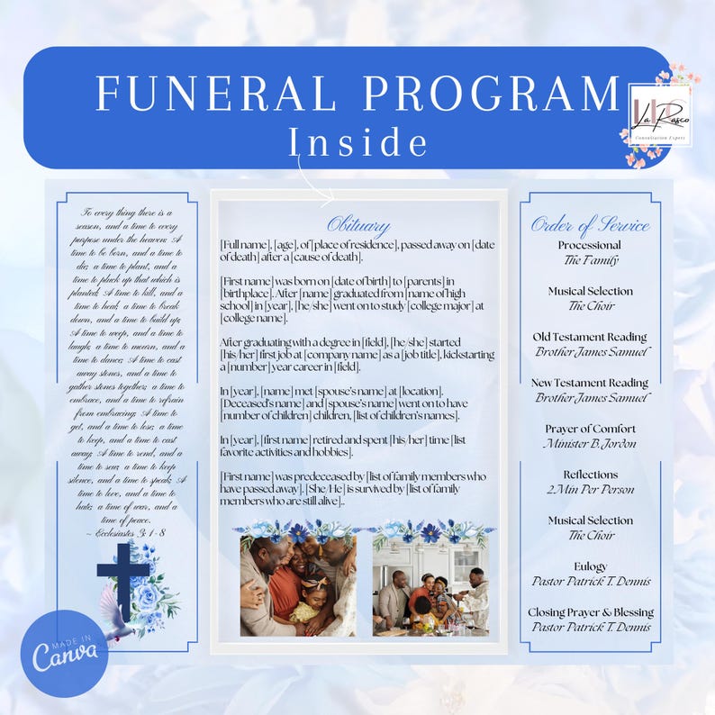 Blue Rose Gatefold Funeral Program Template - Etsy