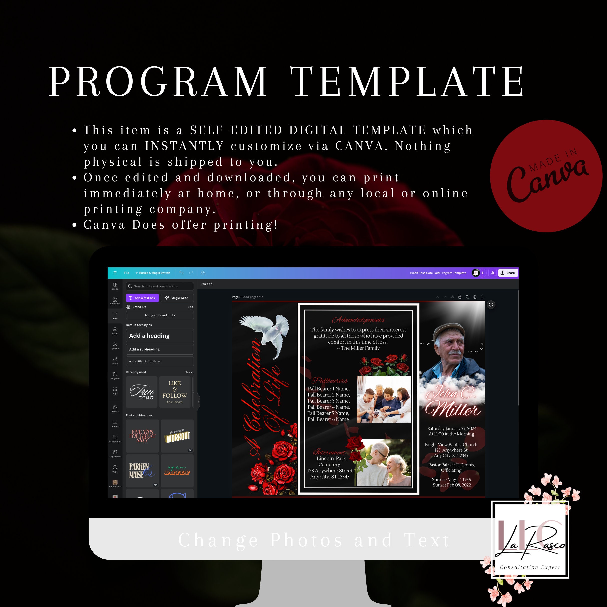 Black Rose Gate Fold Funeral Program Template - Etsy