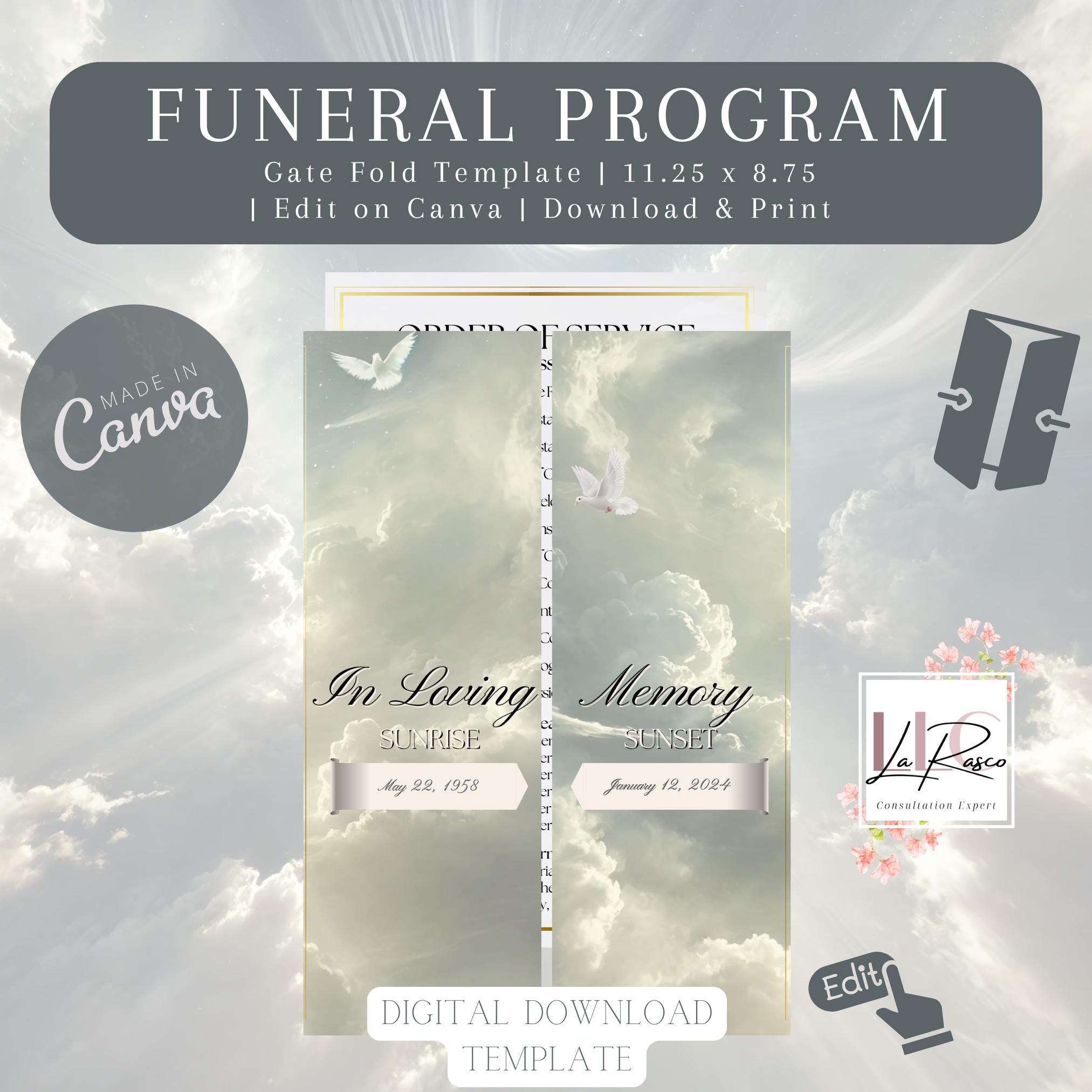 Heavenly Floral Gatefold Funeral Program Template - Etsy