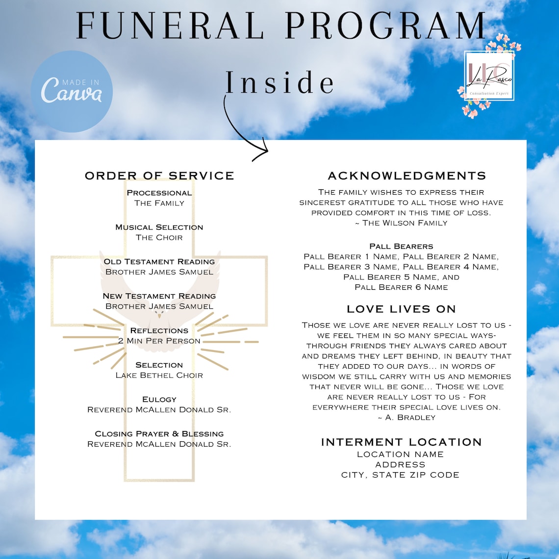 Bi-fold Dove Funeral Program Template - Etsy