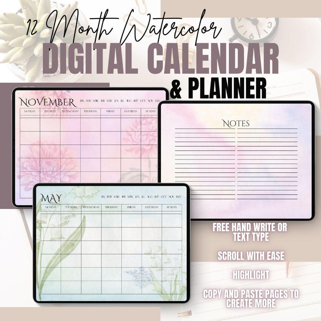 Digital Watercolor Calendar & Planner | Floral Design | - Etsy