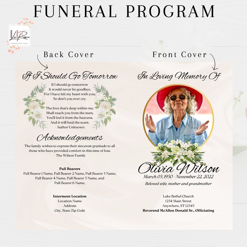 Bi-fold White Floral Funeral Program Template - Etsy