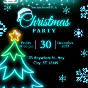 Neon Christmas Party Flyer Template - Etsy