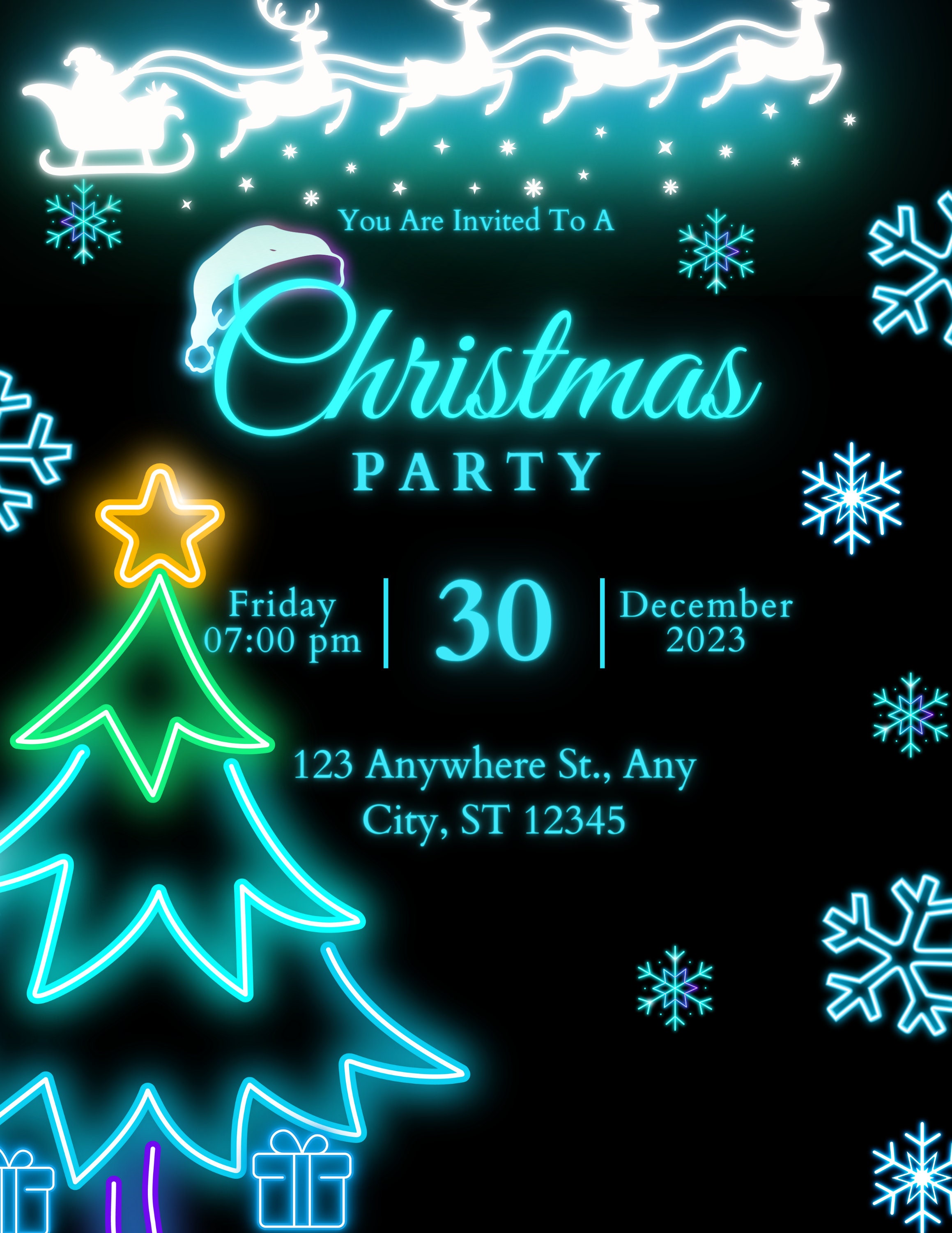 Neon Christmas Party Flyer Template - Etsy