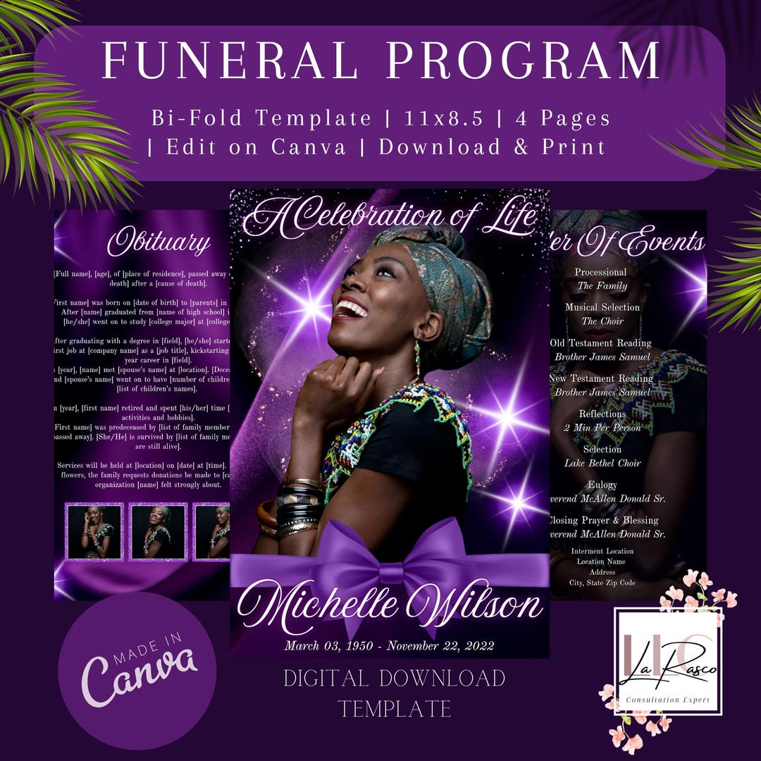 Bi-fold Purple Sparkle Funeral Program Template - Etsy