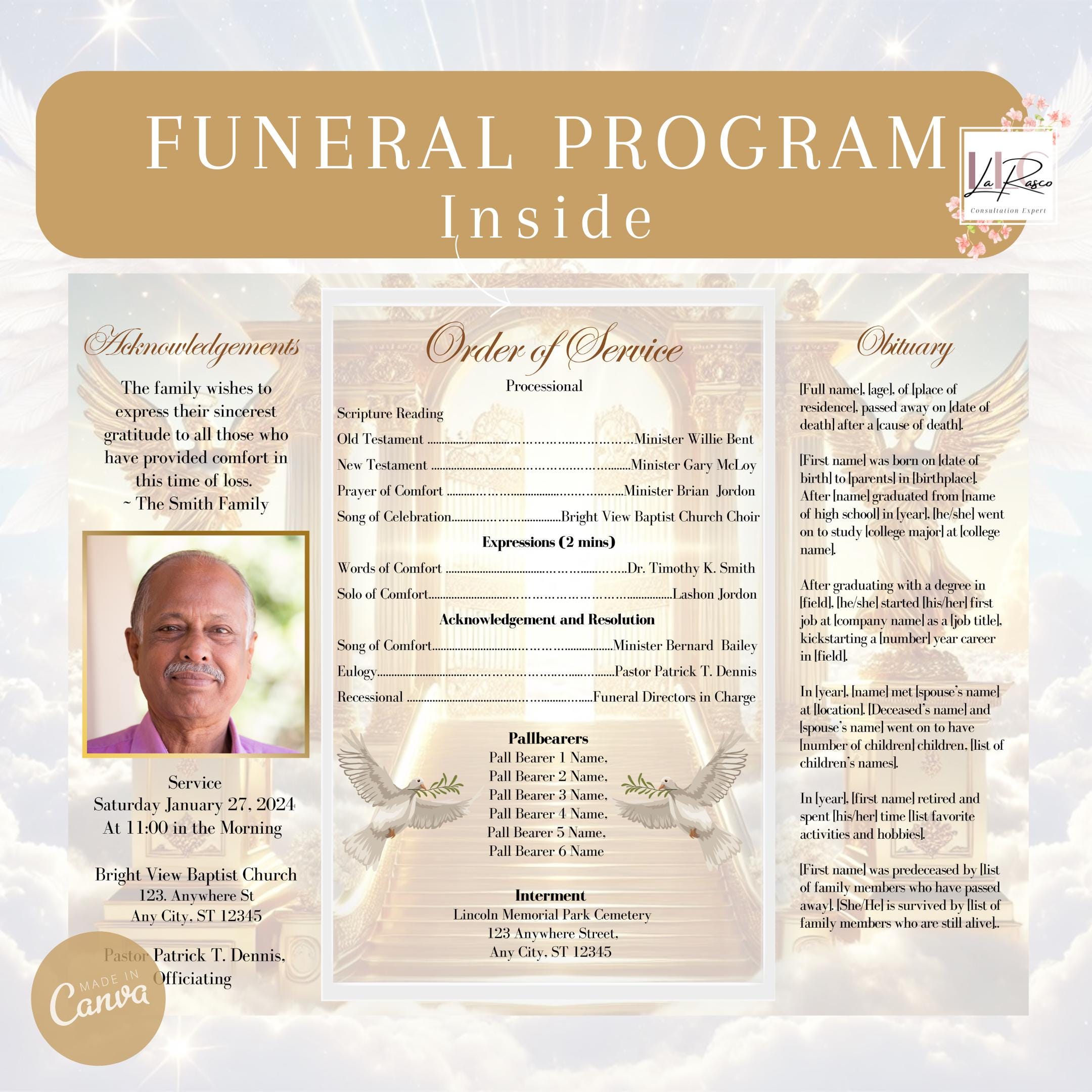 Golden Gatefold Funeral Program Template - Etsy