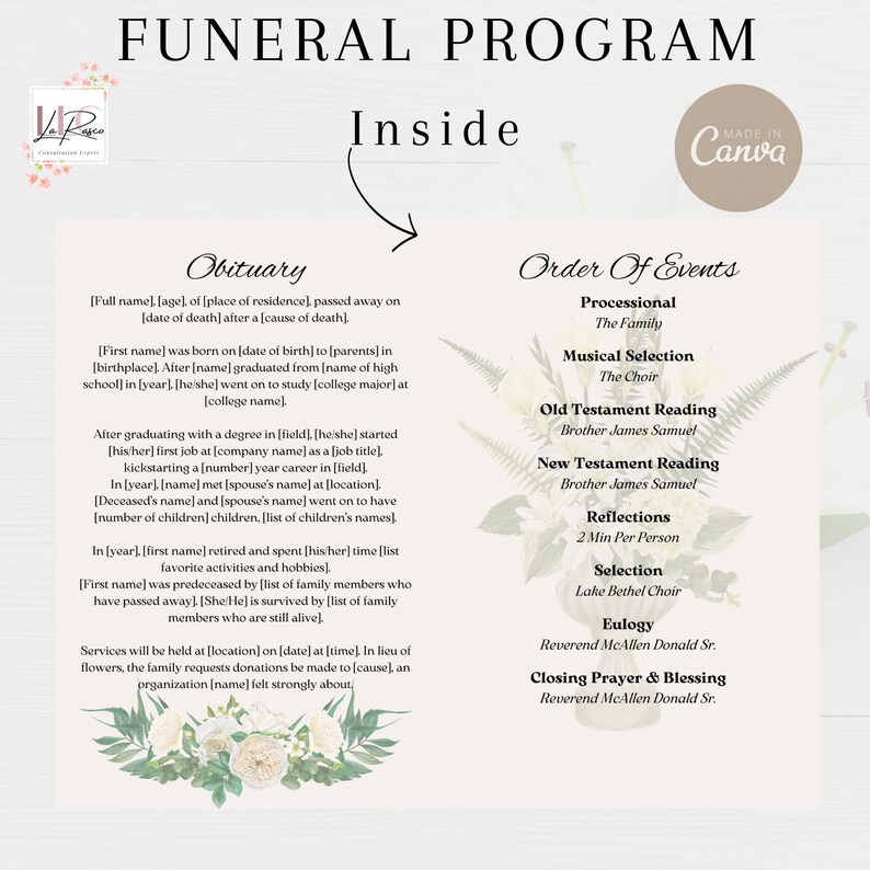 Bi-fold White Floral Funeral Program Template - Etsy