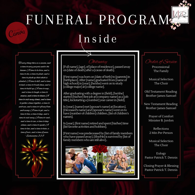 Black Rose Gate Fold Funeral Program Template - Etsy