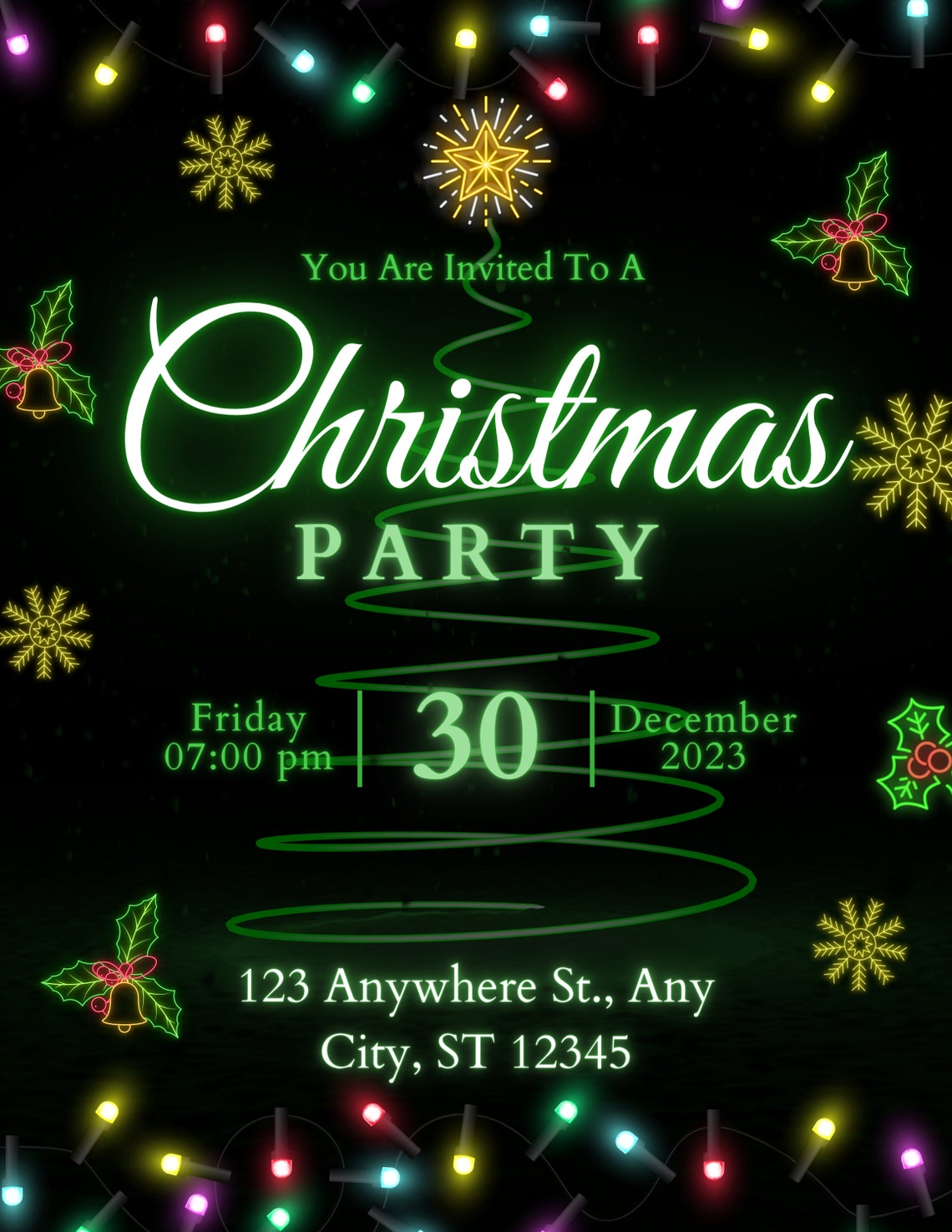 Neon Christmas Party Flyer Template - Etsy