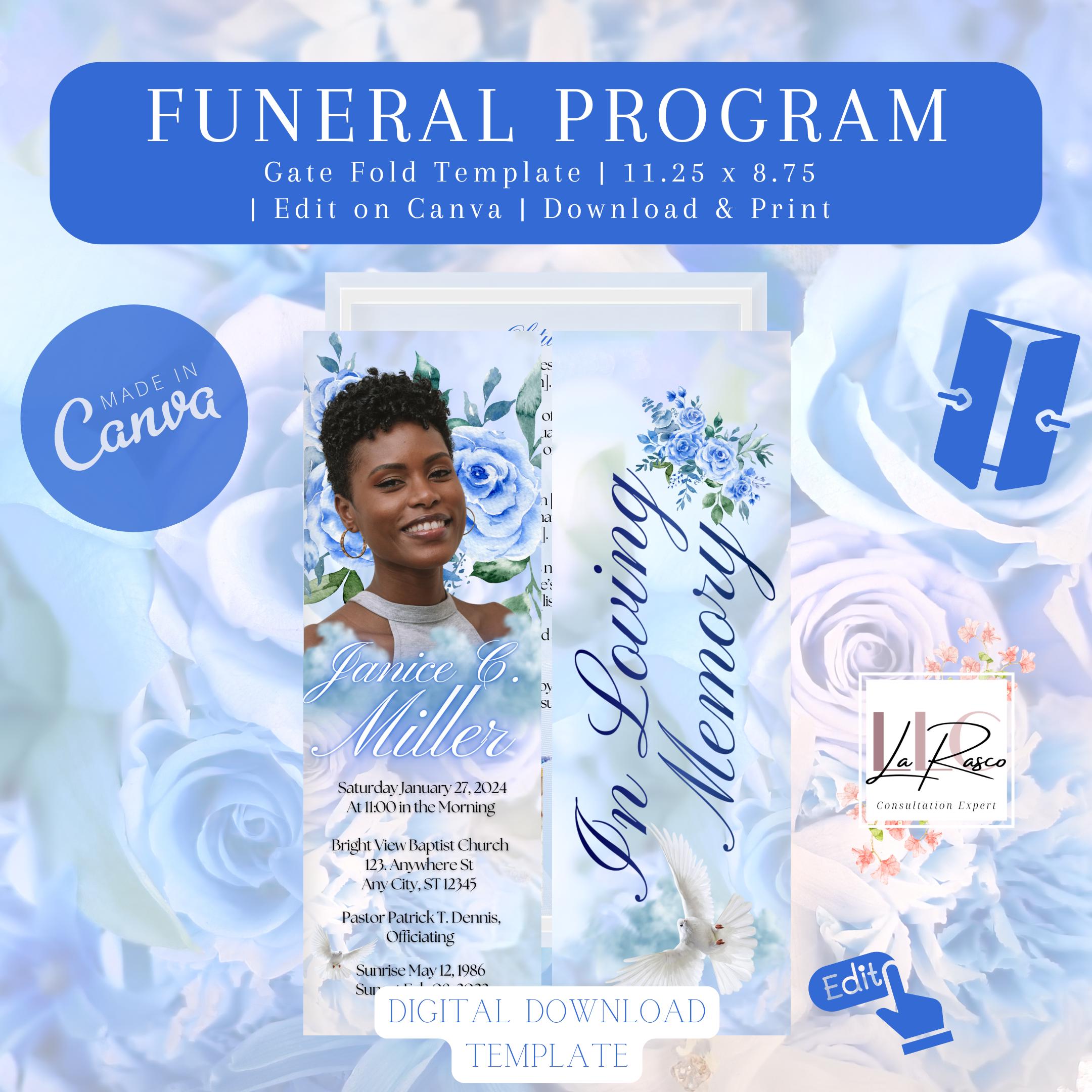 Blue Rose Gatefold Funeral Program Template - Etsy