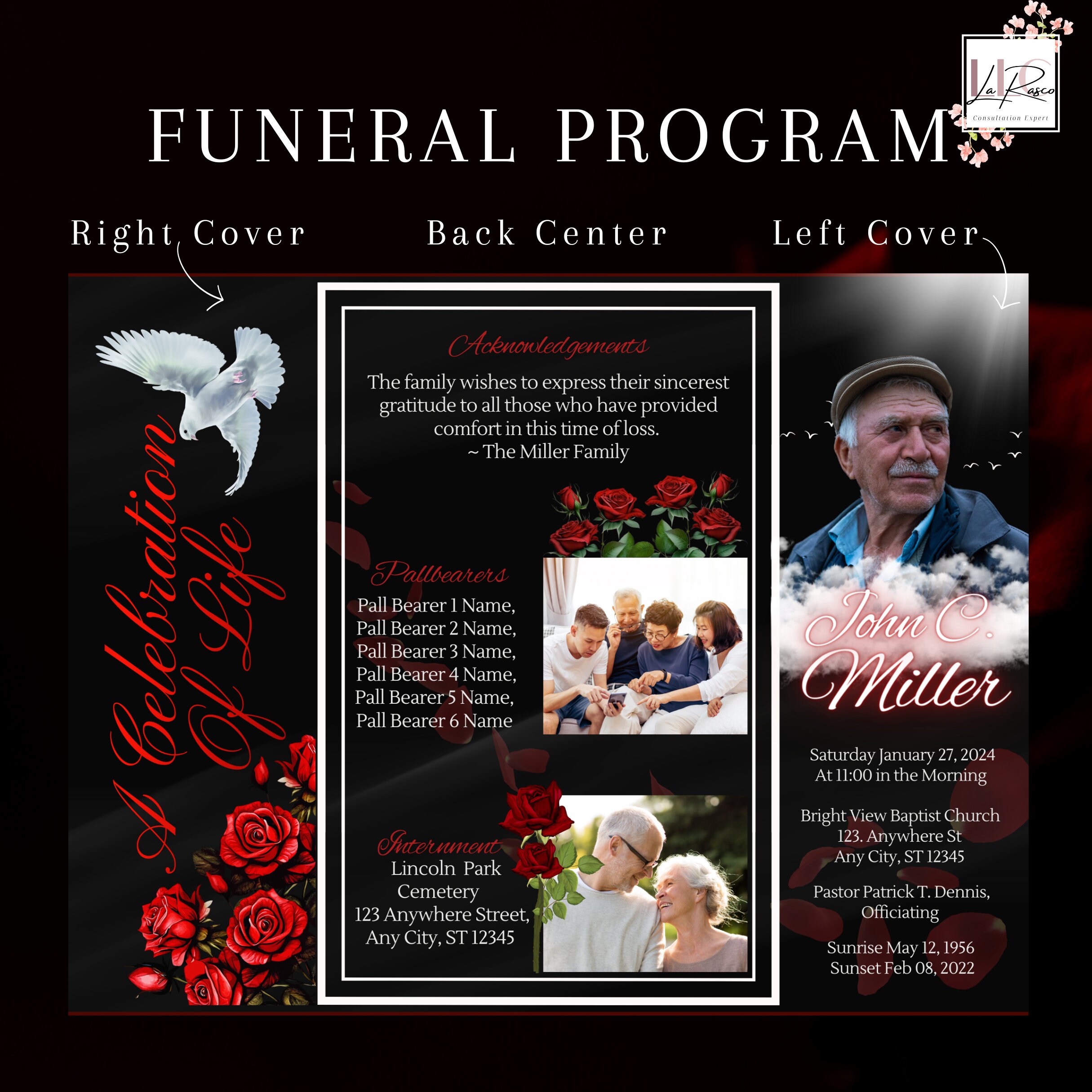 Black Rose Gate Fold Funeral Program Template - Etsy