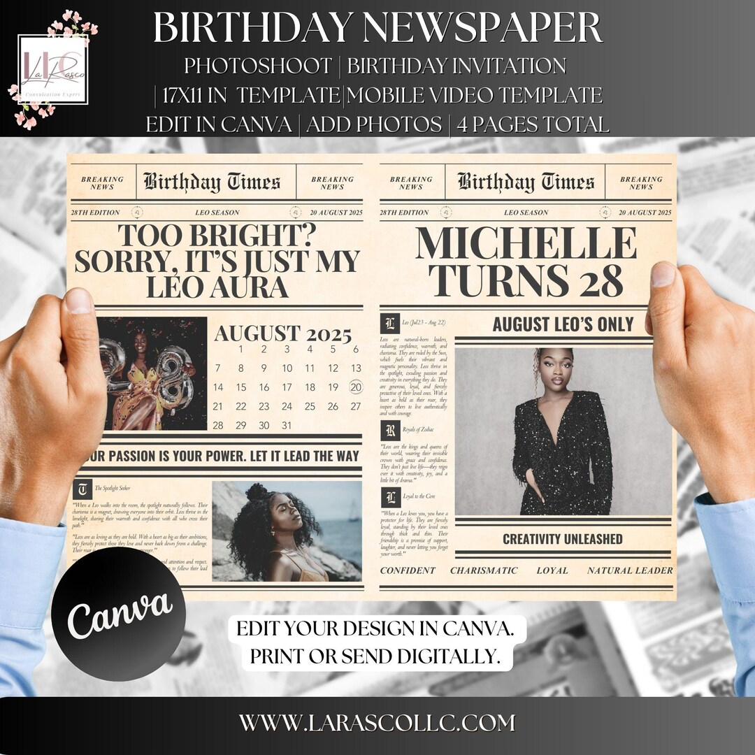 Vintage Newspaper Birthday Invitation Template (LEO)| 17x11 Template ...