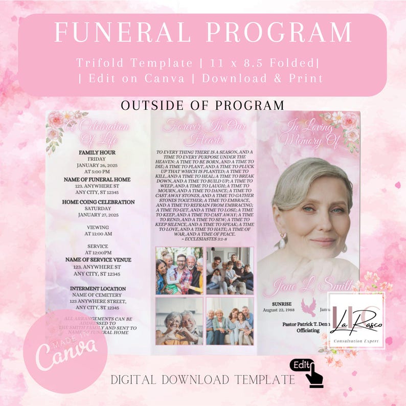 Pink Floral Trifold Funeral Program Template - Etsy