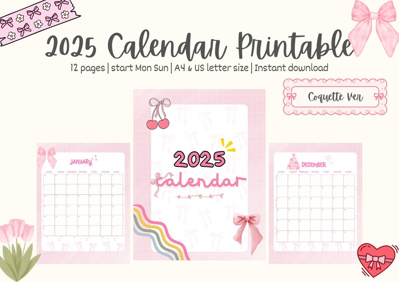 Coquette Pink Calendar 2025 Printable, Kids Calendar 2025,printable ...
