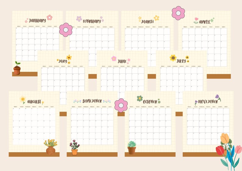 Flower Themed Calendar 2025 Printable, Kids Calendar 2025,printable ...