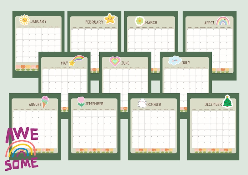 Green Themed Calendar 2025 Printable, Kids Calendar 2025,printable ...